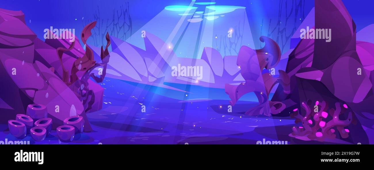 Deep underwater seabed with corals, seaweeds and stones on sand bottom ...