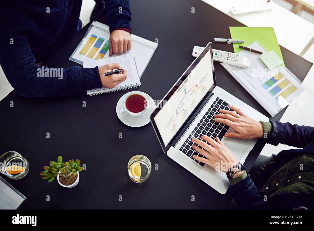 Hands, laptop and meeting for plan with ideas, mindmap and team ...