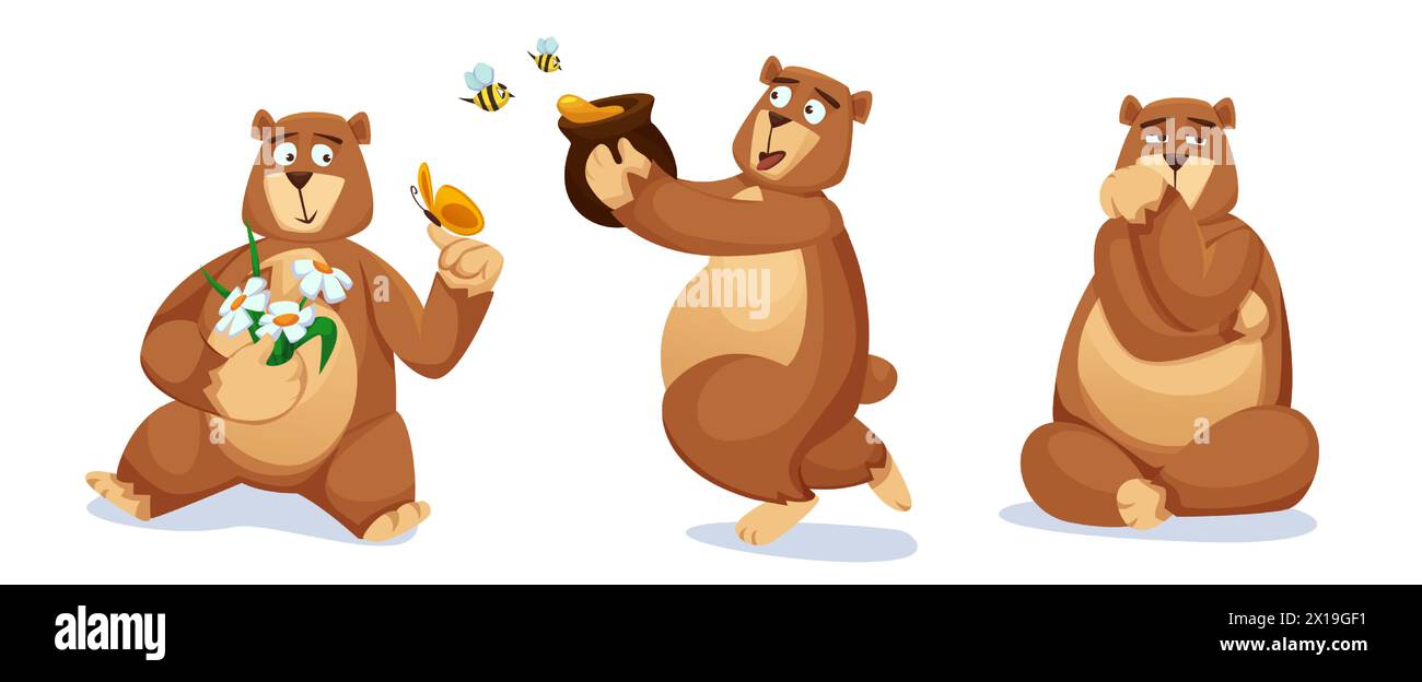 Cute big bear with brown fluffy fur in different poses. Cartoon vector ...