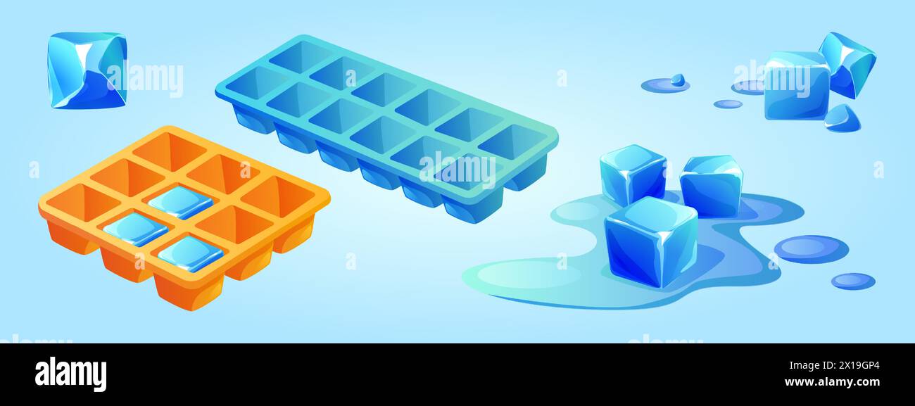 Ice cube trays set isolated on blue background. Vector cartoon ...
