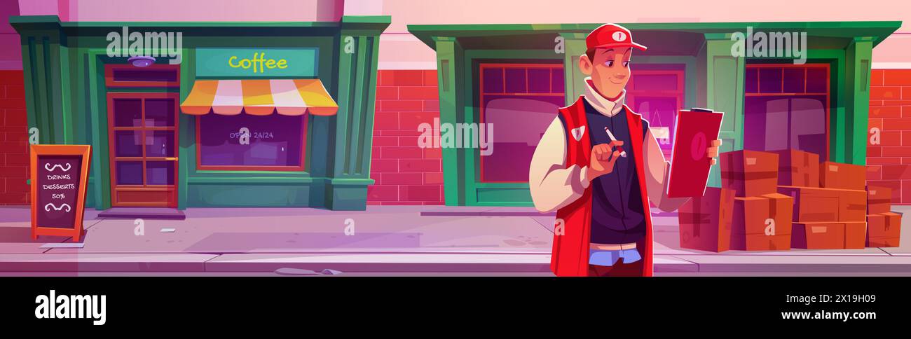 Delivery man with box near city cafe door cartoon. Guy mailman with ...