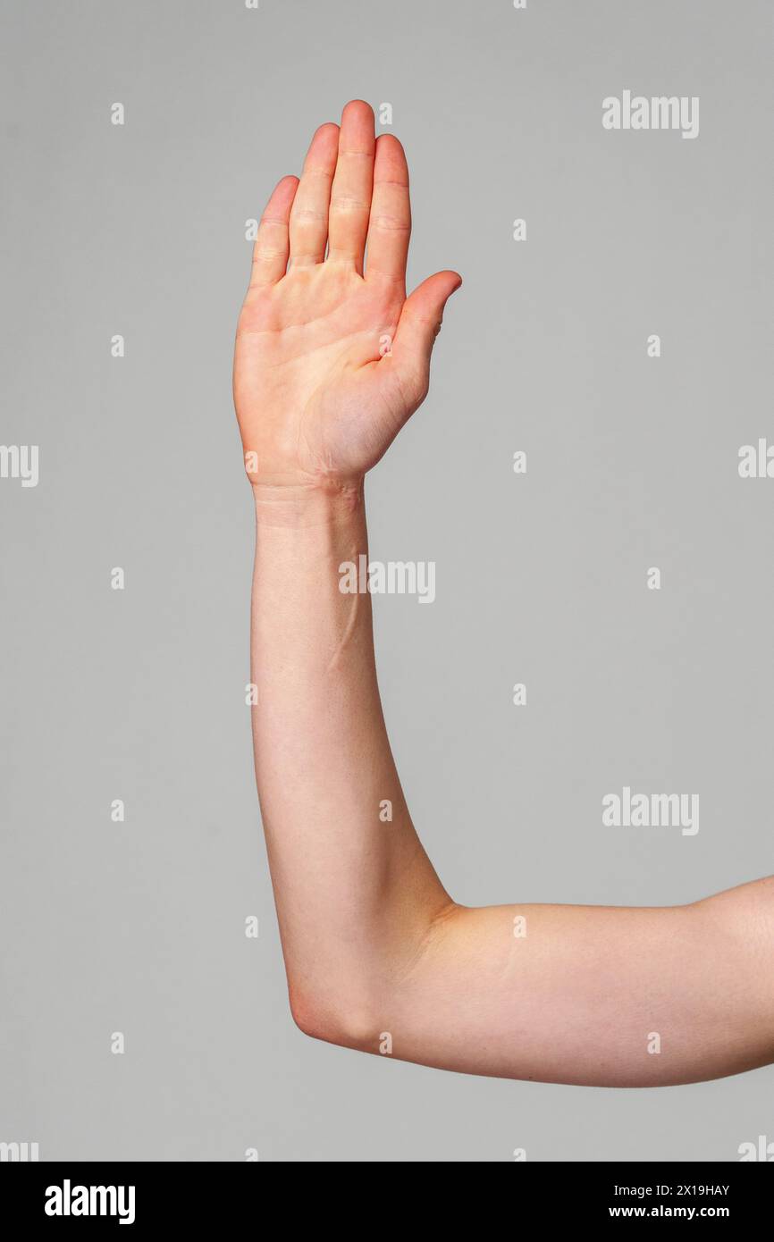 Raised Right Hand Posing In A Neutral Background During Daytime Stock ...