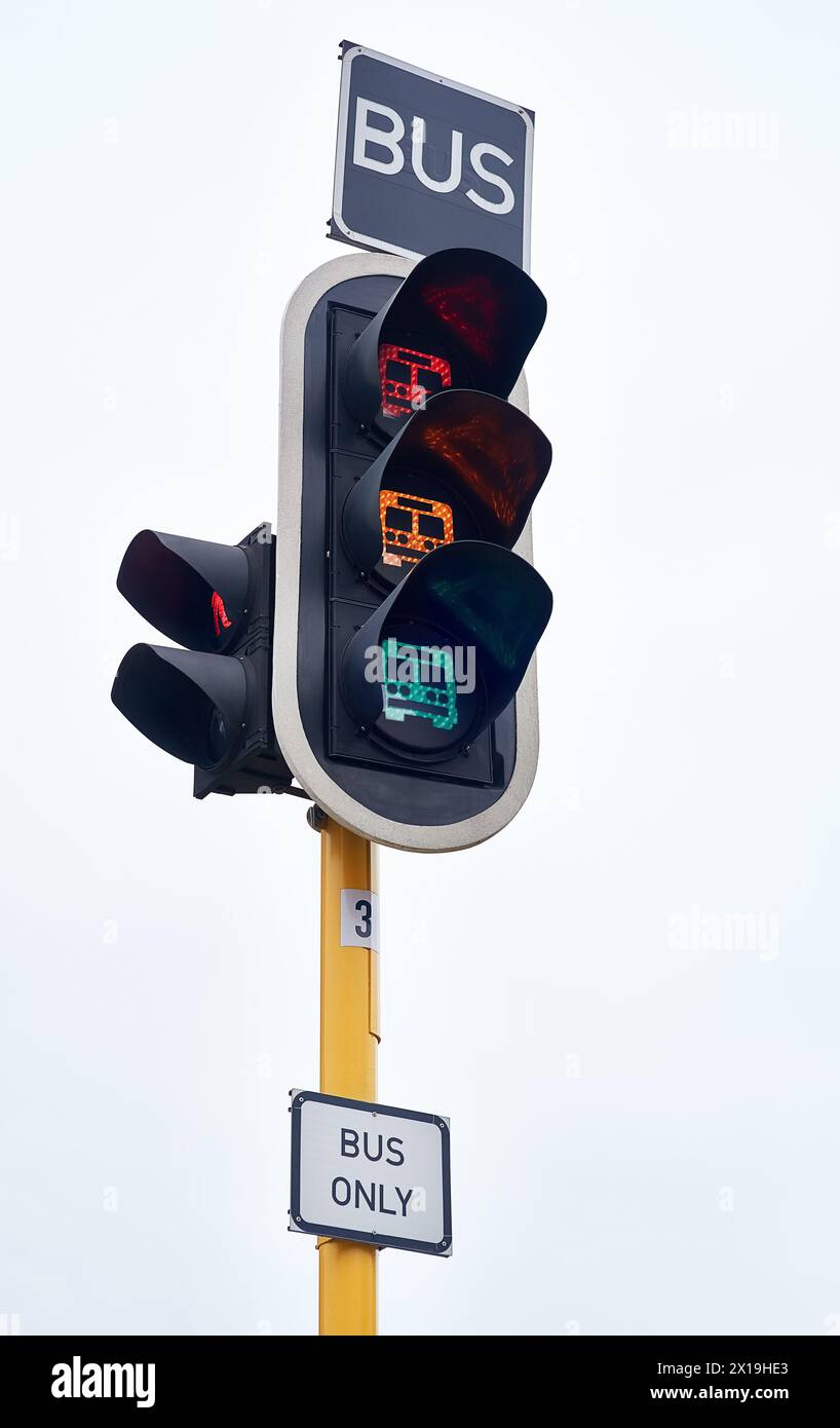 Traffic light, bus and street safety at intersection for caution ...