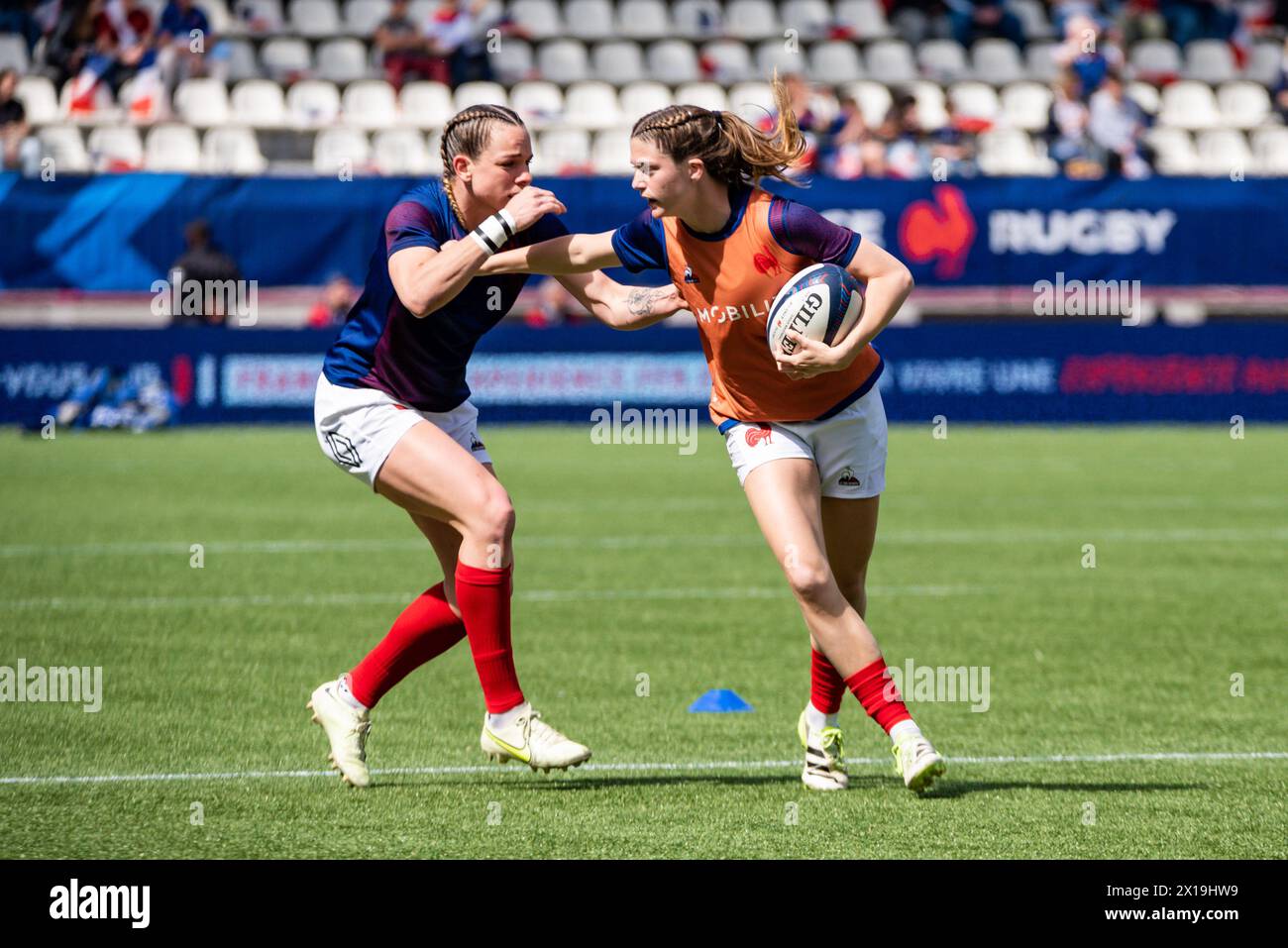 Marine Menager of France and Morgane Bourgeois of France warm up ahead ...