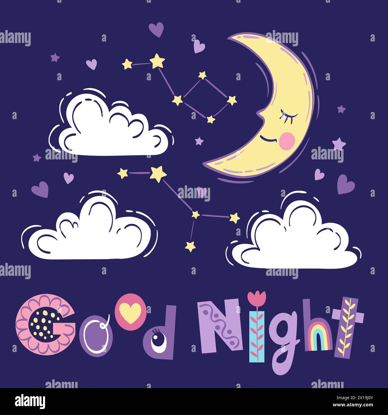 Half-moon slipping among fluffy clouds and short phrase good night ...