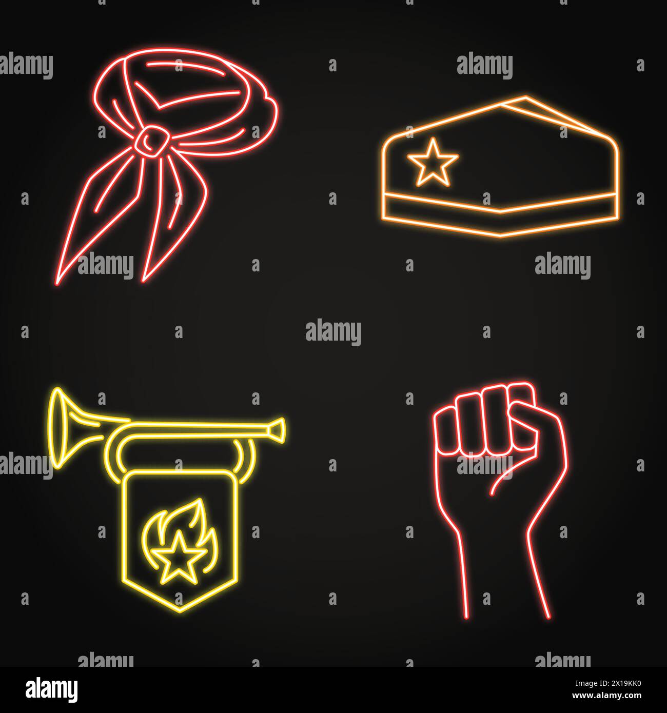 USSR symbols neon icon set. Pioneer necktie and trumpet, soviet ...