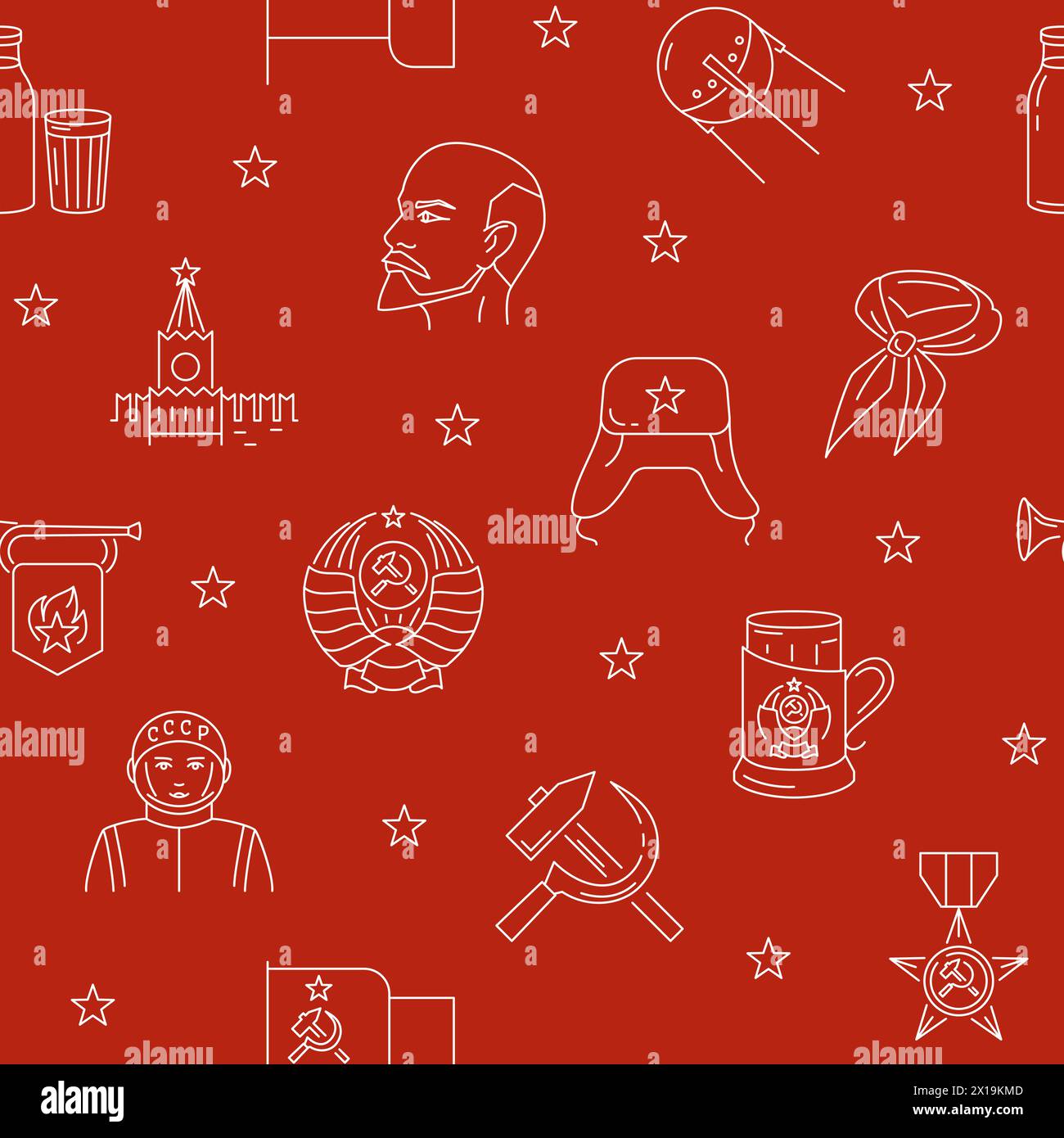 USSR seamless pattern in line style. Hammer and sickle, communism and ...
