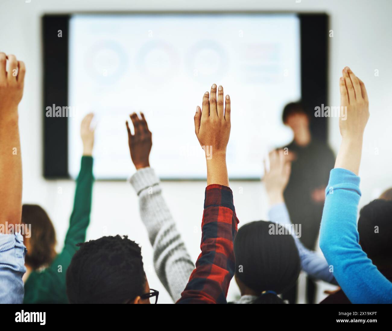 Lecture, hands and student with question, back and learners in ...