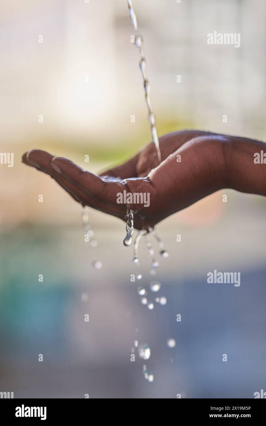 Hand, hygiene or running water on blurred background for sustainability ...