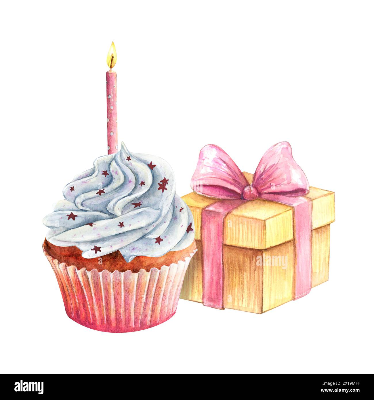 Cupcake present box candle watercolor drawing. Birthday vanilla muffin ...