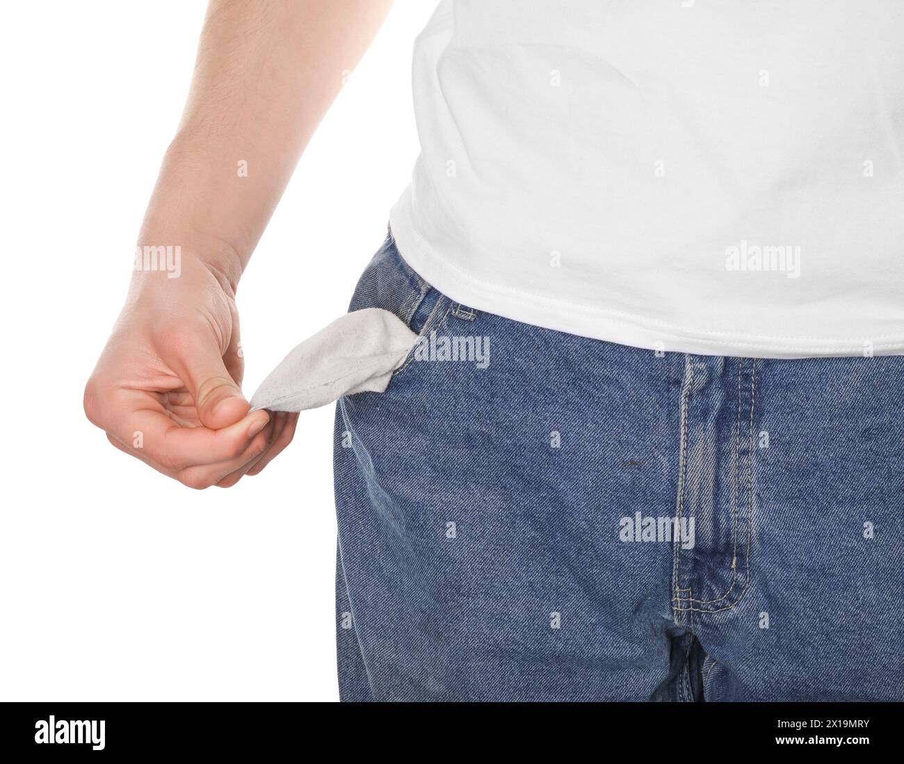 Poor man showing empty pocket on white background, closeup Stock Photo ...