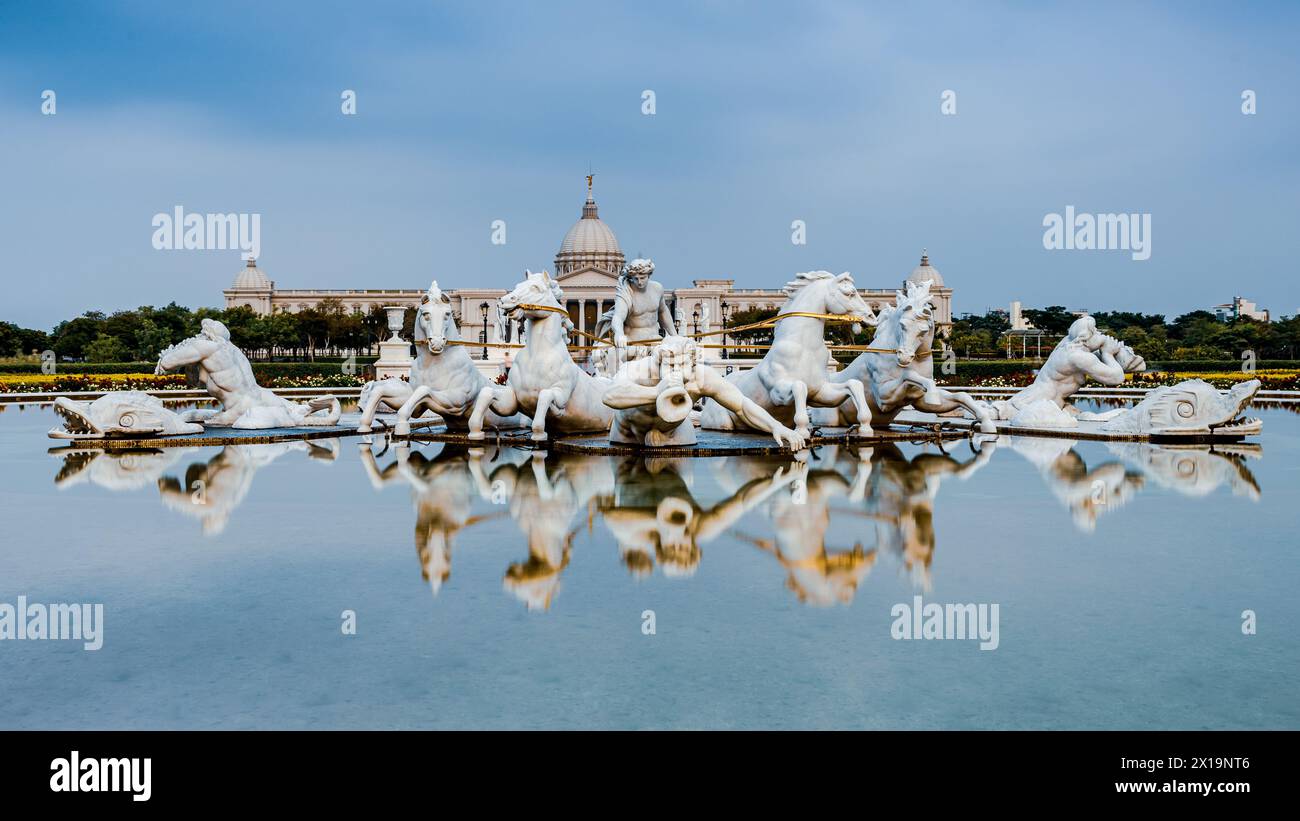 Sunset scenery of the Apollo fountain square and reflections in the ...