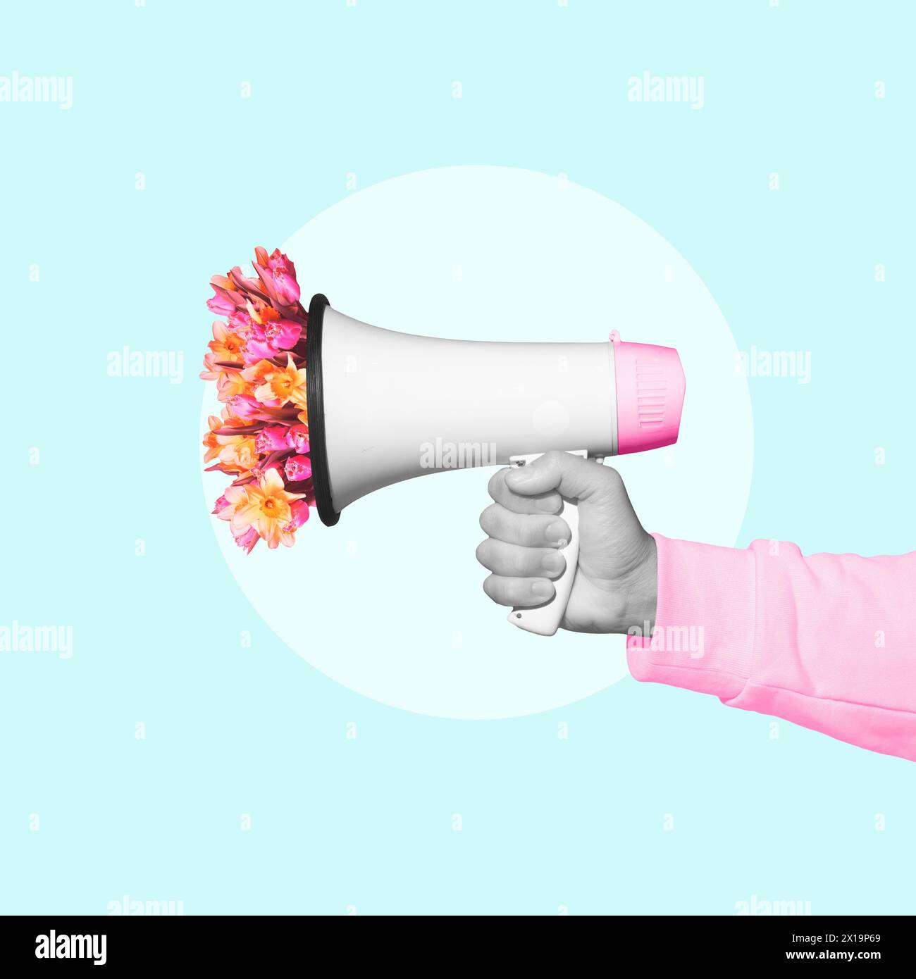Contemporary art collage. Hand holding megaphone with blooming flowers ...