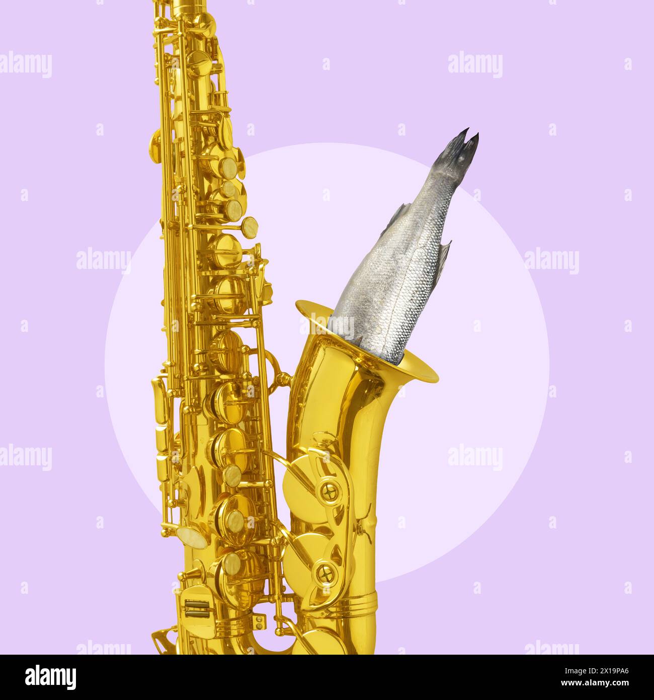 Contemporary art collage. Musical instrument, saxophone with fish ...