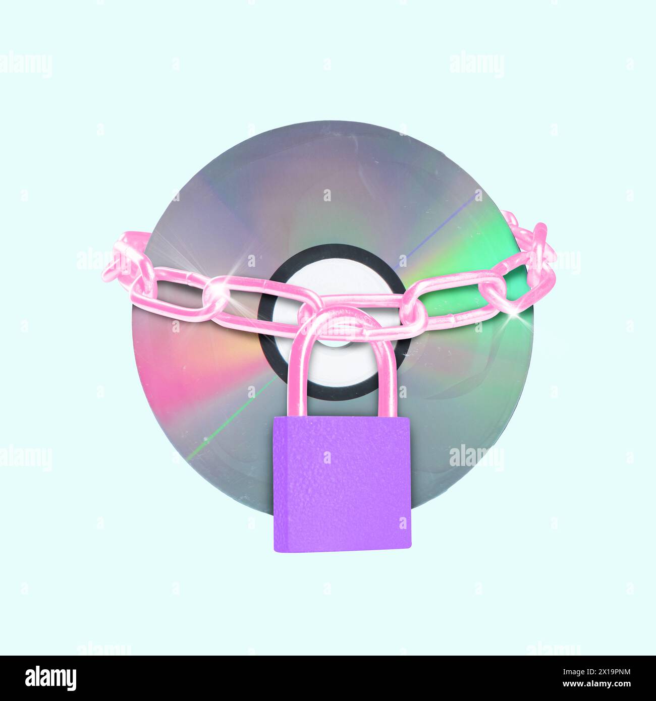 Contemporary art collage. Music disk locked with chain. symbolize ...