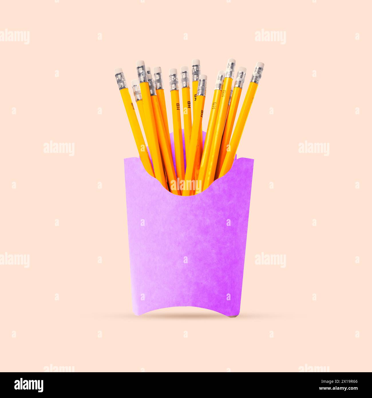 Contemporary art collage. Box for fried potato full of pencils. Shift ...