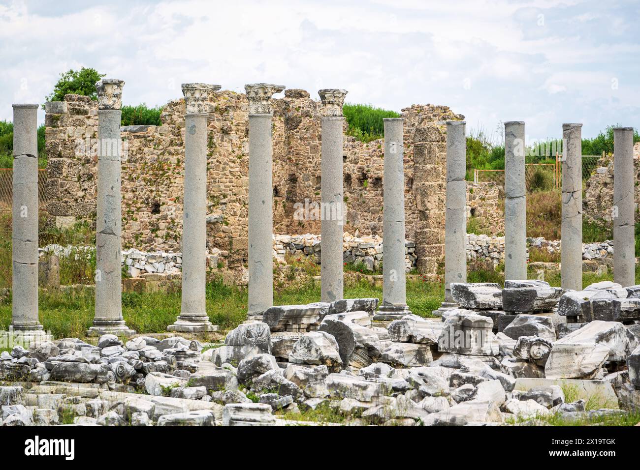 Restored ancient architectural ruins and columns of the ancient city of ...