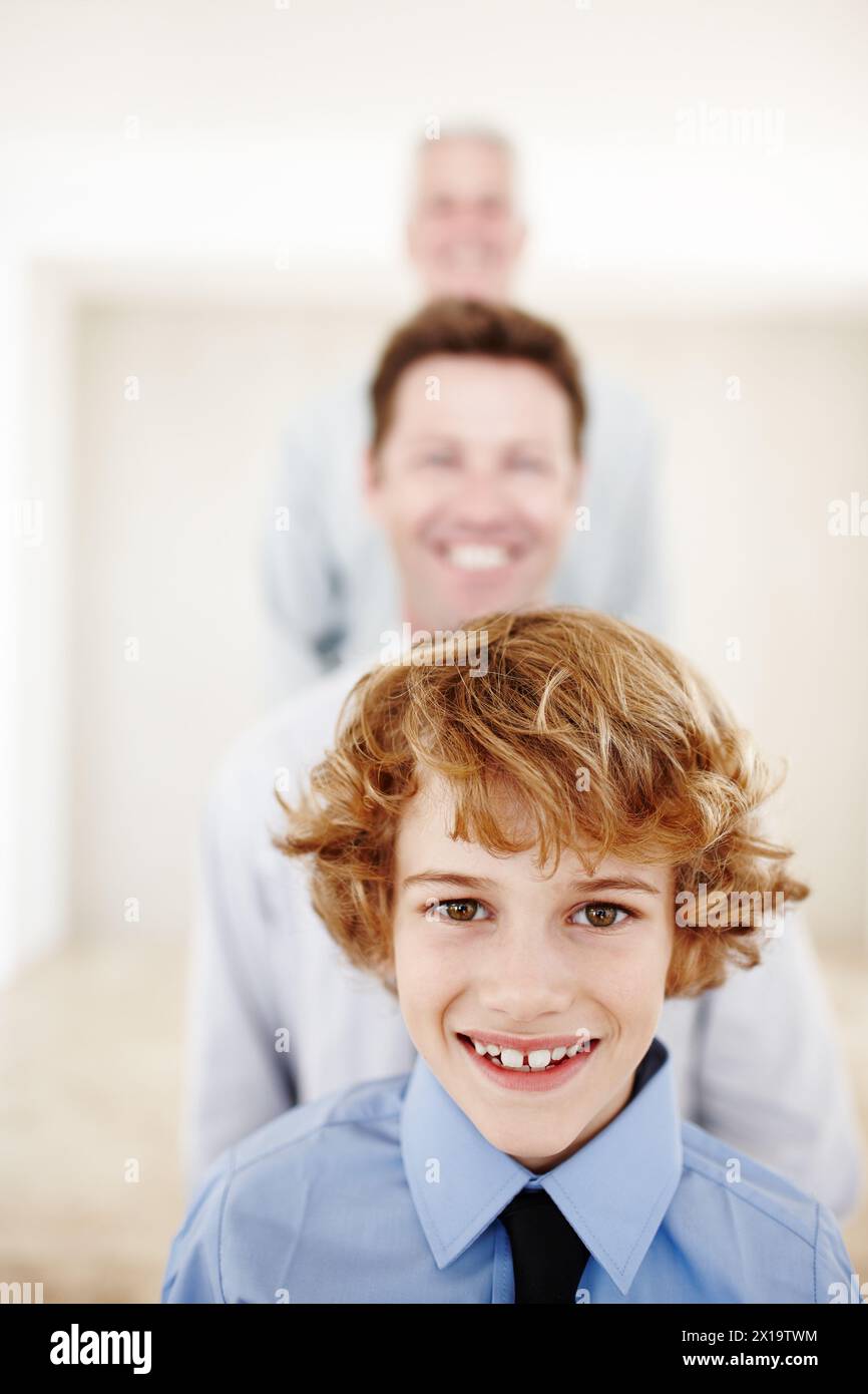 Father, grandfather and kid in happy family portrait at home with trust ...