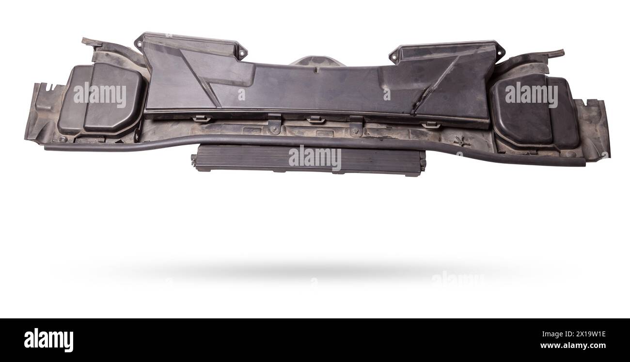 Plastic case for the cabin air filter in black on a white isolated ...