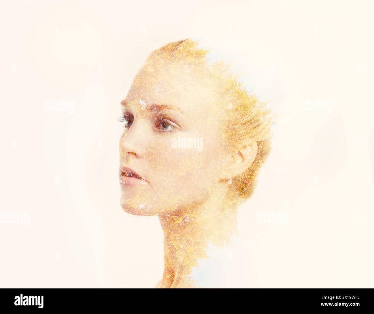 Woman, face and composite painting or artwork with thinking, double ...