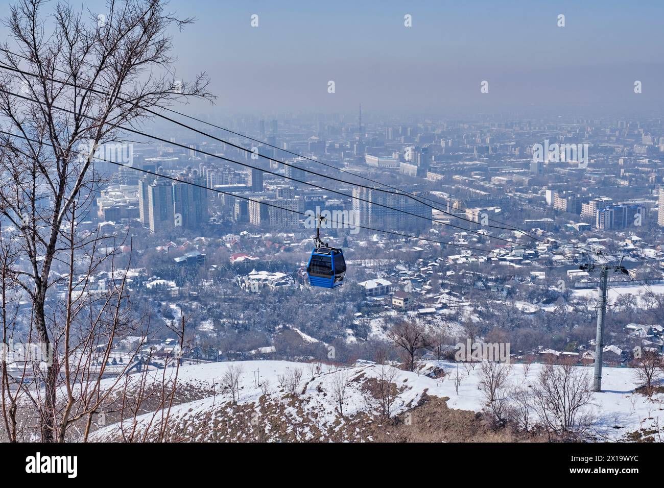 Blue cabin of cable car to Mount Kok Tobe, landmark of Almaty ...