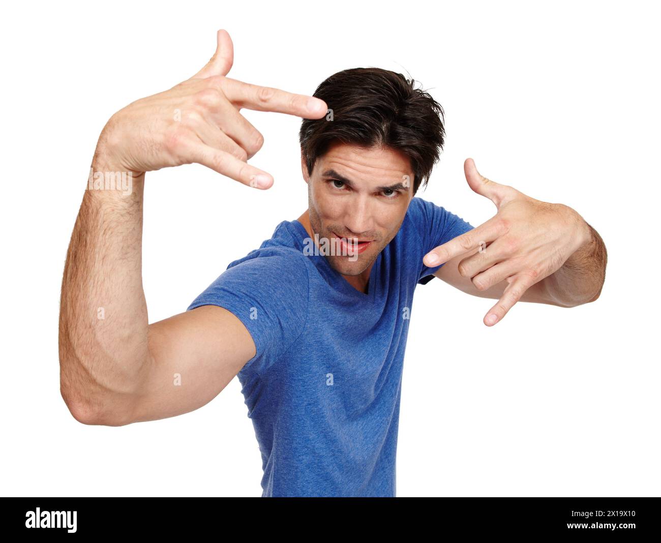 Portrait, man and punk with rock hands in studio for music, sign ...