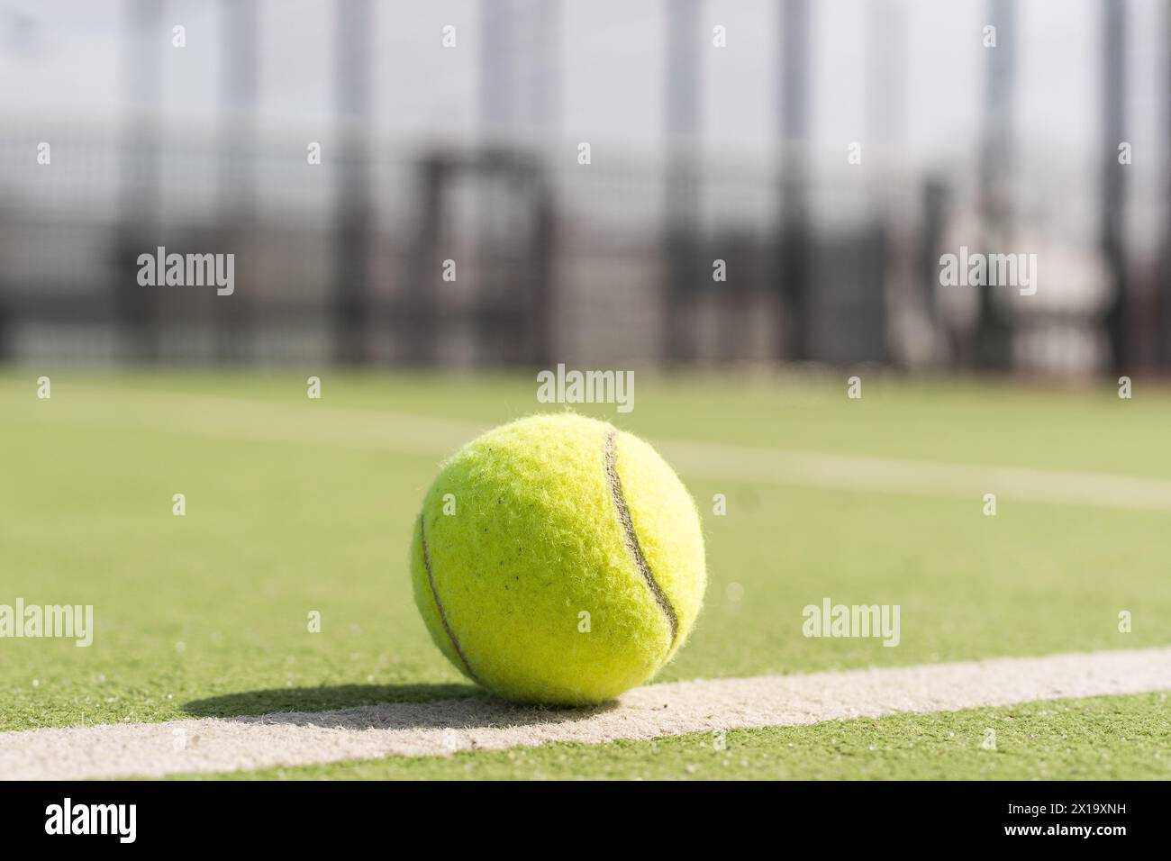 Tennis ball on a tennis court next to the side line Stock Photo - Alamy