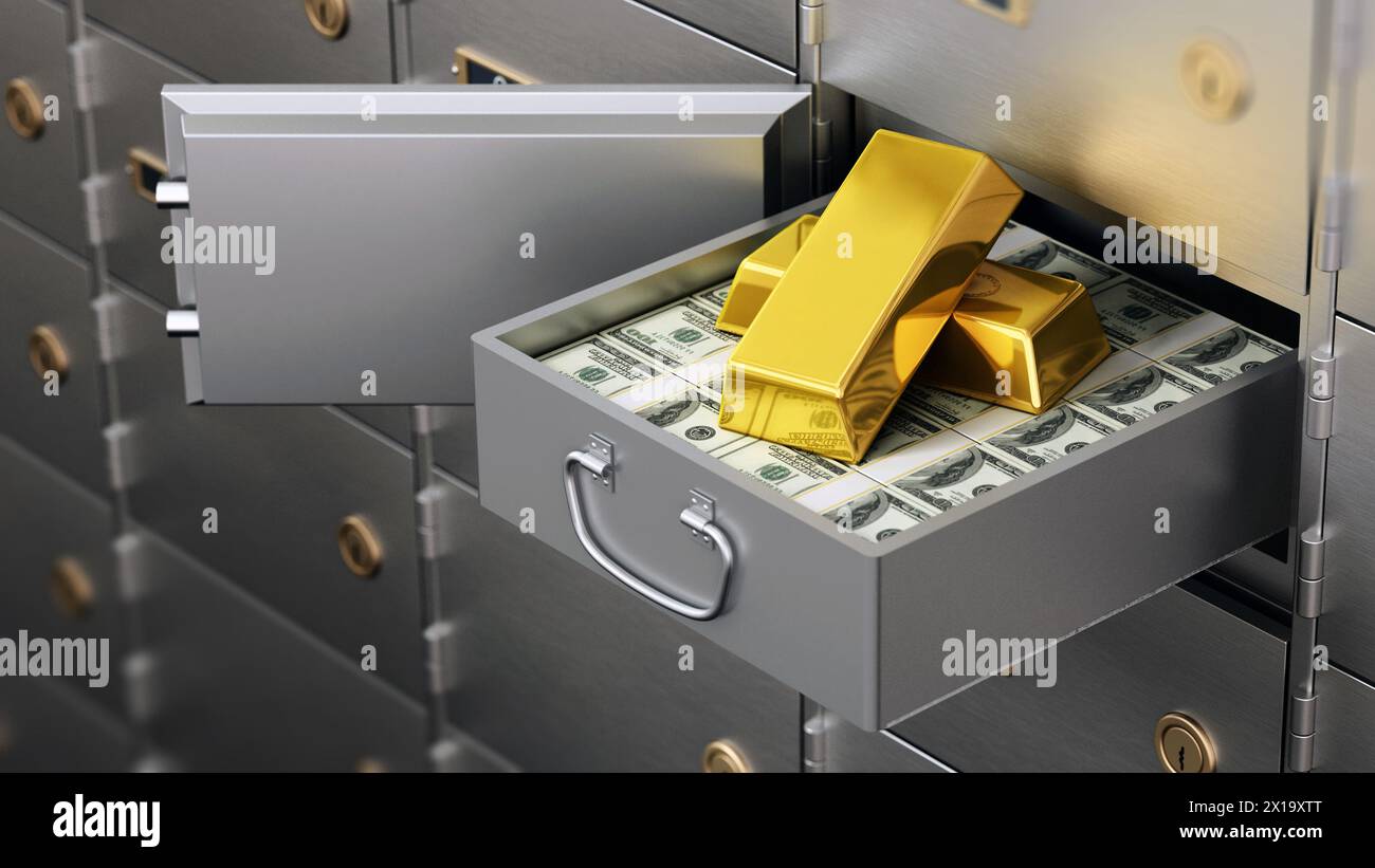 Open bank deposit box full of dollar bills and gold ingots. 3D ...