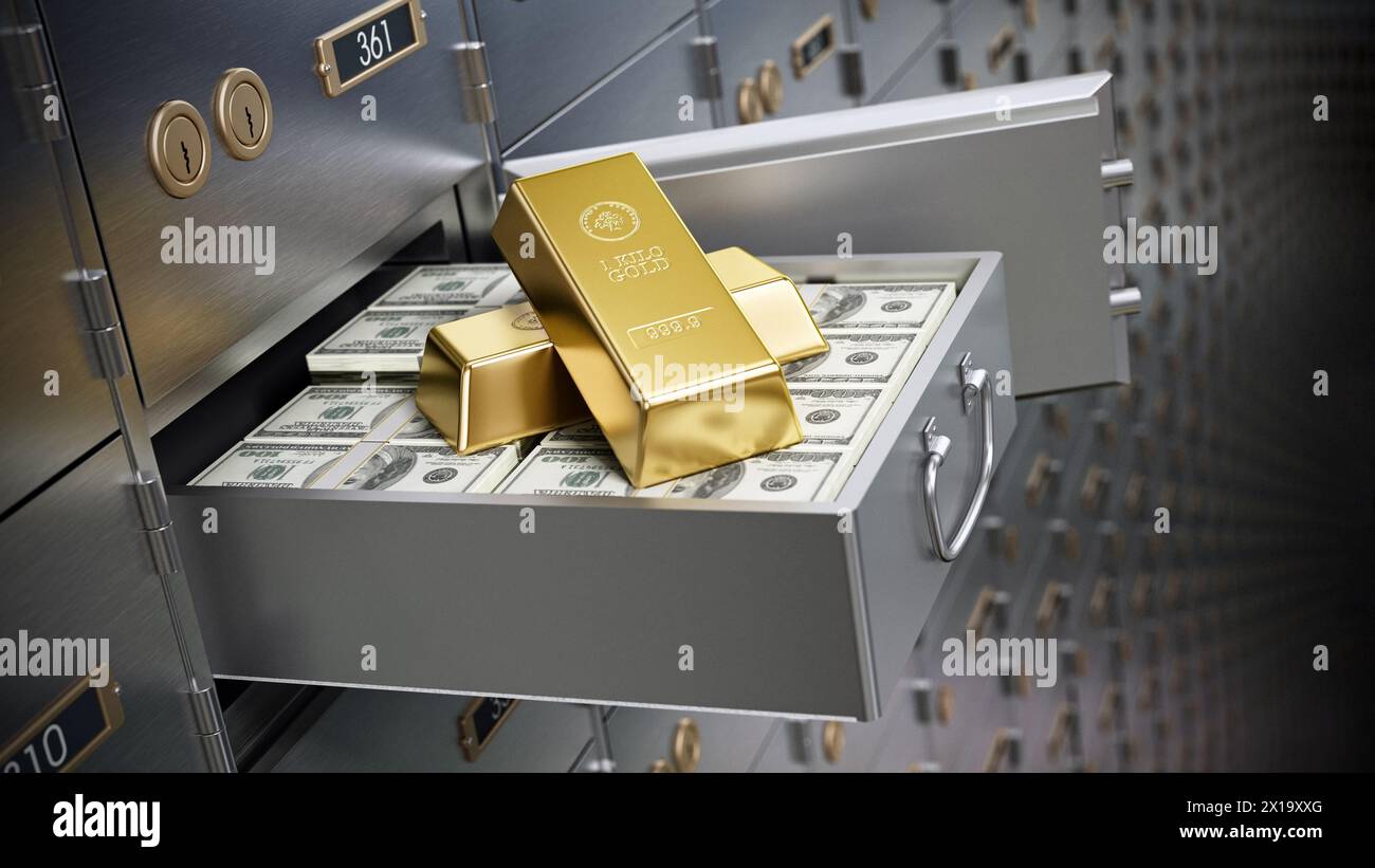 Open bank deposit box full of dollar bills and gold ingots. 3D ...