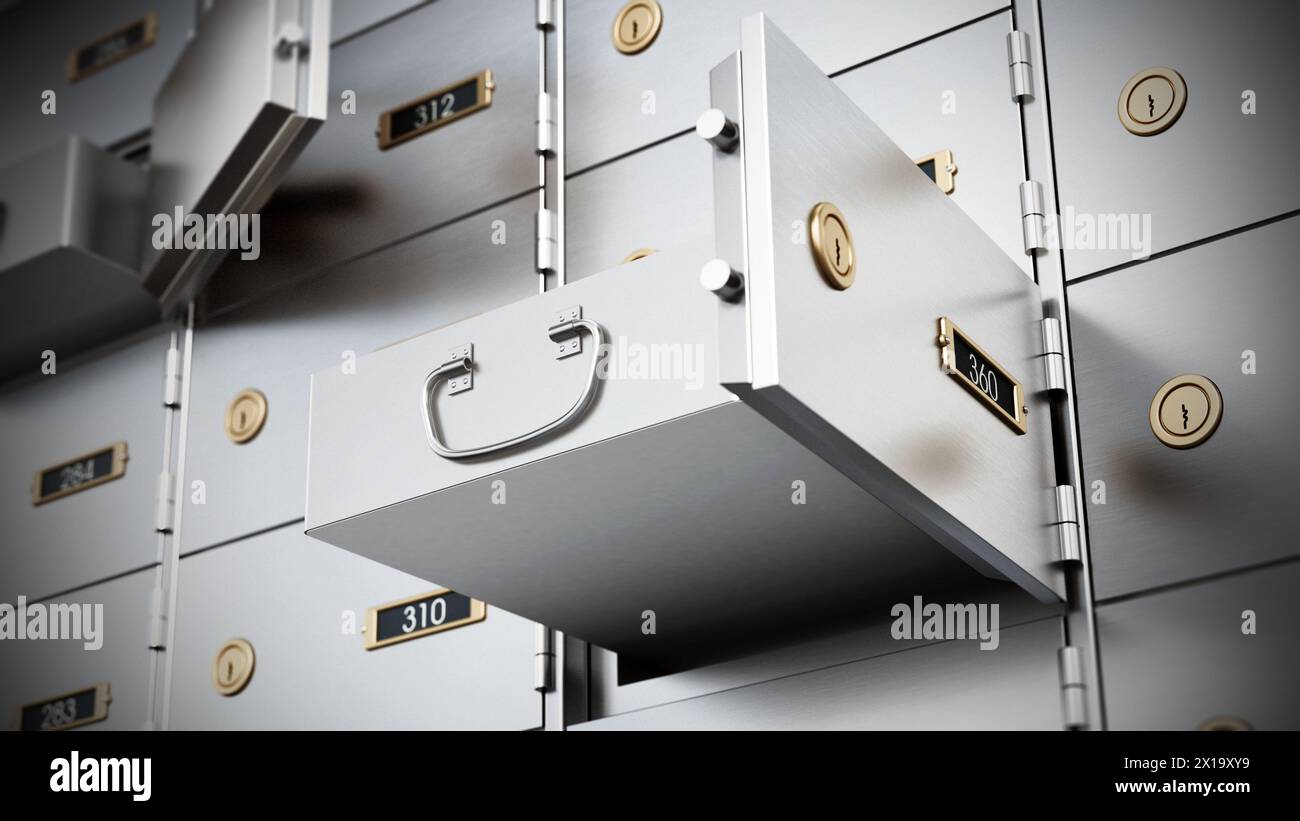 Bank deposit boxes with some open drawers. 3D illustration Stock Photo ...