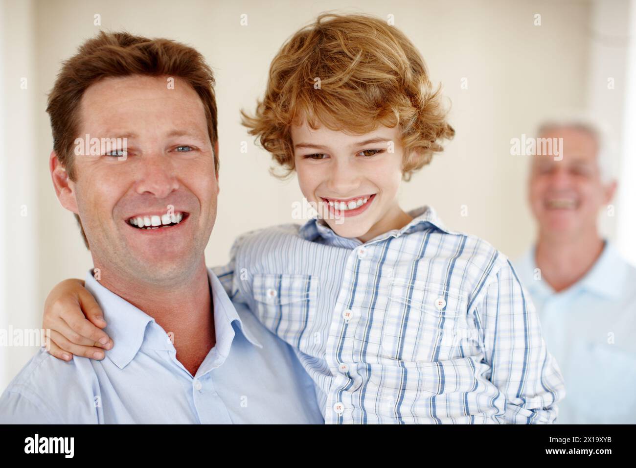 Happy, family and portrait of father and child in home together for ...