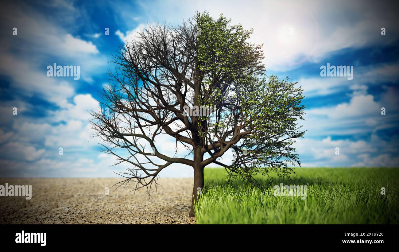 Oak tree standing on half grass half desert land. Climate change and ...
