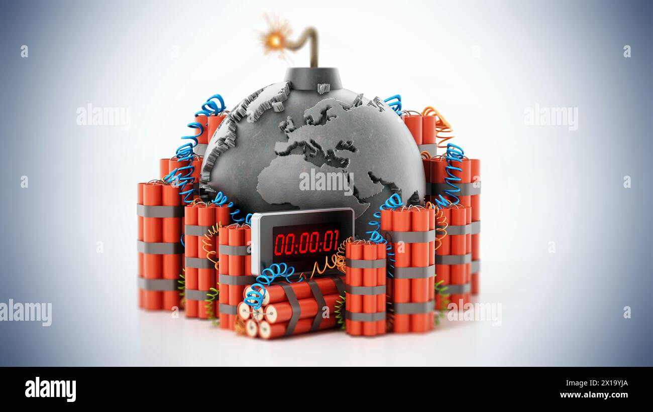 Group of dynamites around the bomb shaped earth isolated on white ...