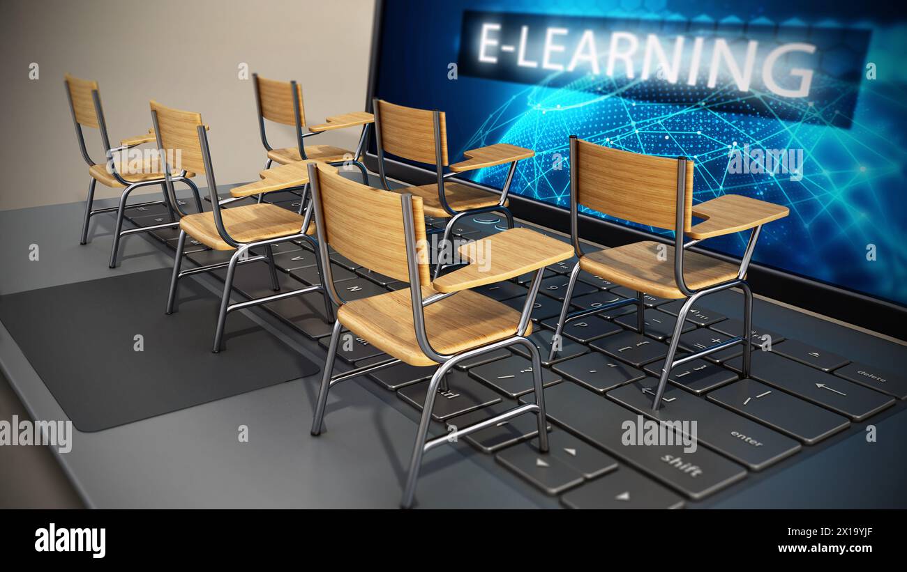 Student chairs standing on laptop computer. 3D illustration Stock Photo ...