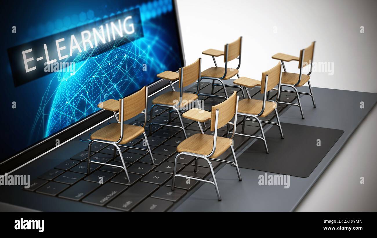 Student chairs standing on laptop computer. 3D illustration Stock Photo ...