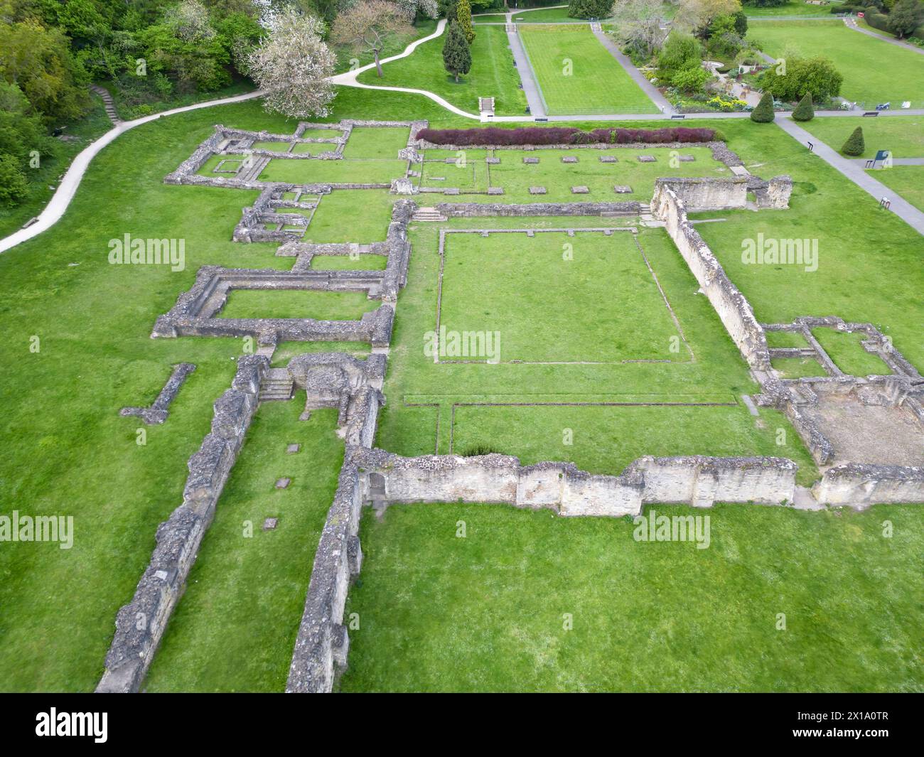 aerial view of the ruins of Lesnes Abbey in Abbey woods in Bexley ...