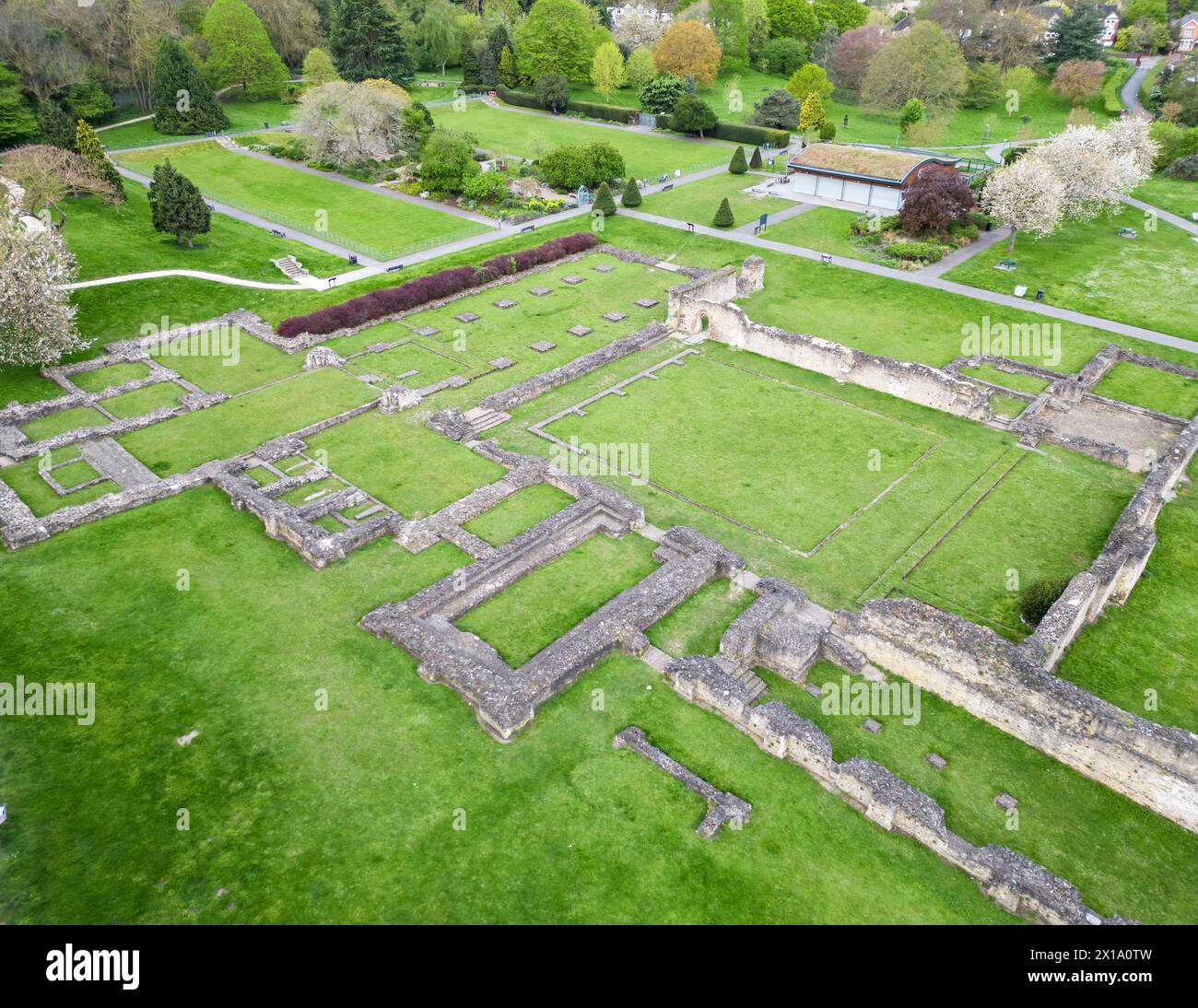 aerial view of the ruins of Lesnes Abbey in Abbey woods in Bexley ...