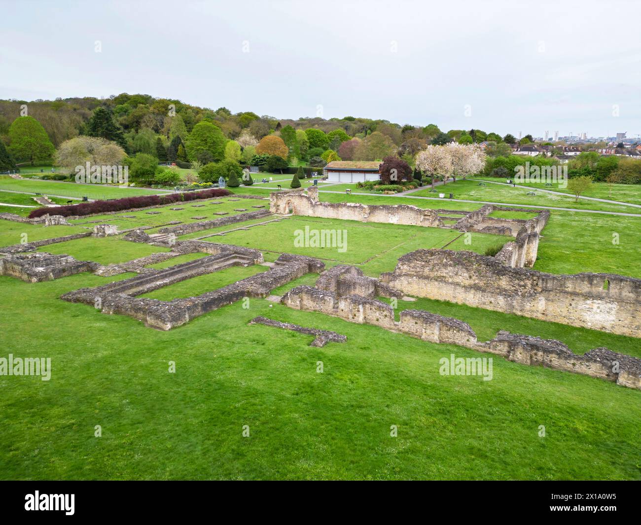 aerial view of the ruins of Lesnes Abbey in Abbey woods in Bexley ...