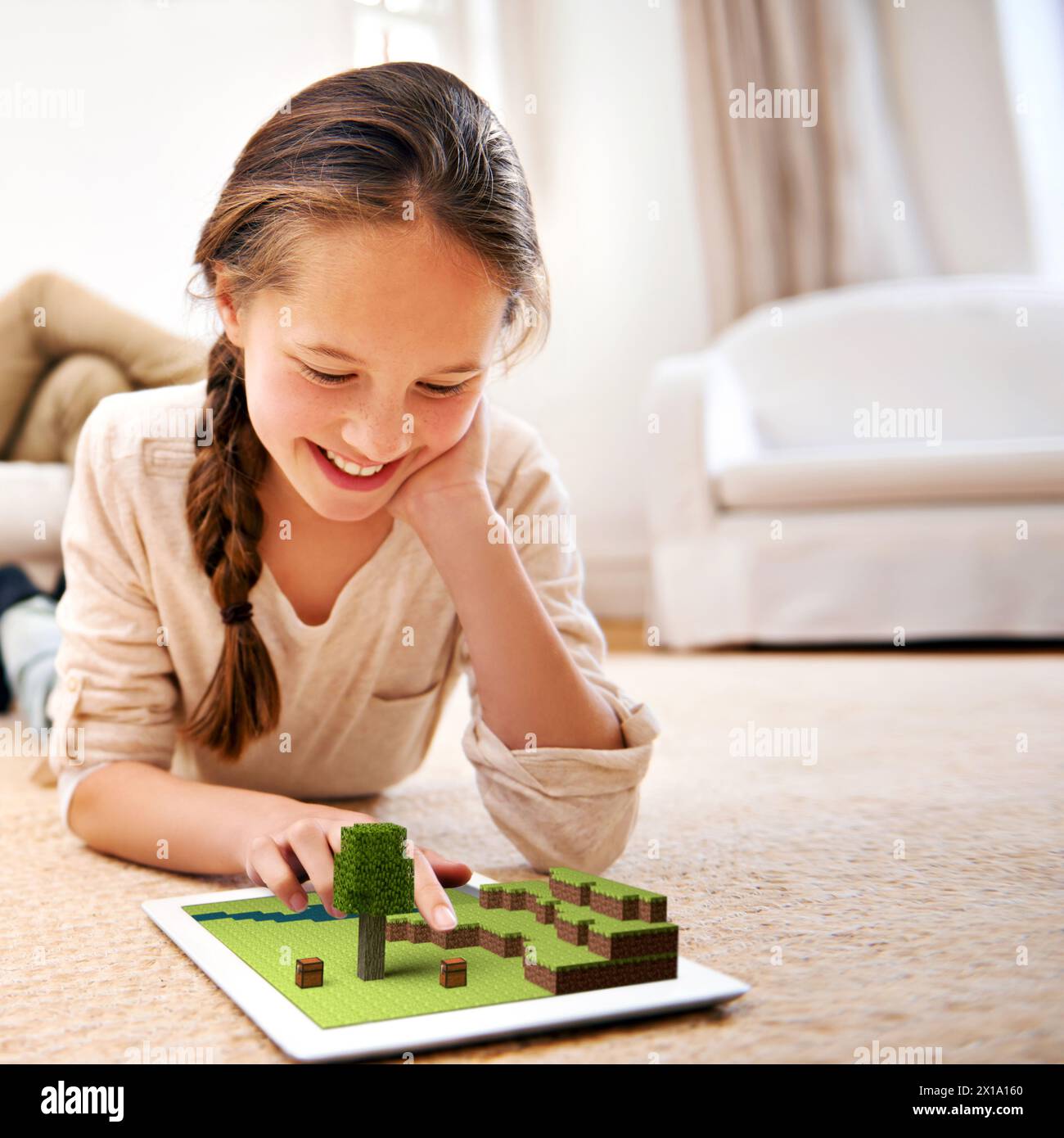 Child, happy and tablet for online games, gamification or virtual ...