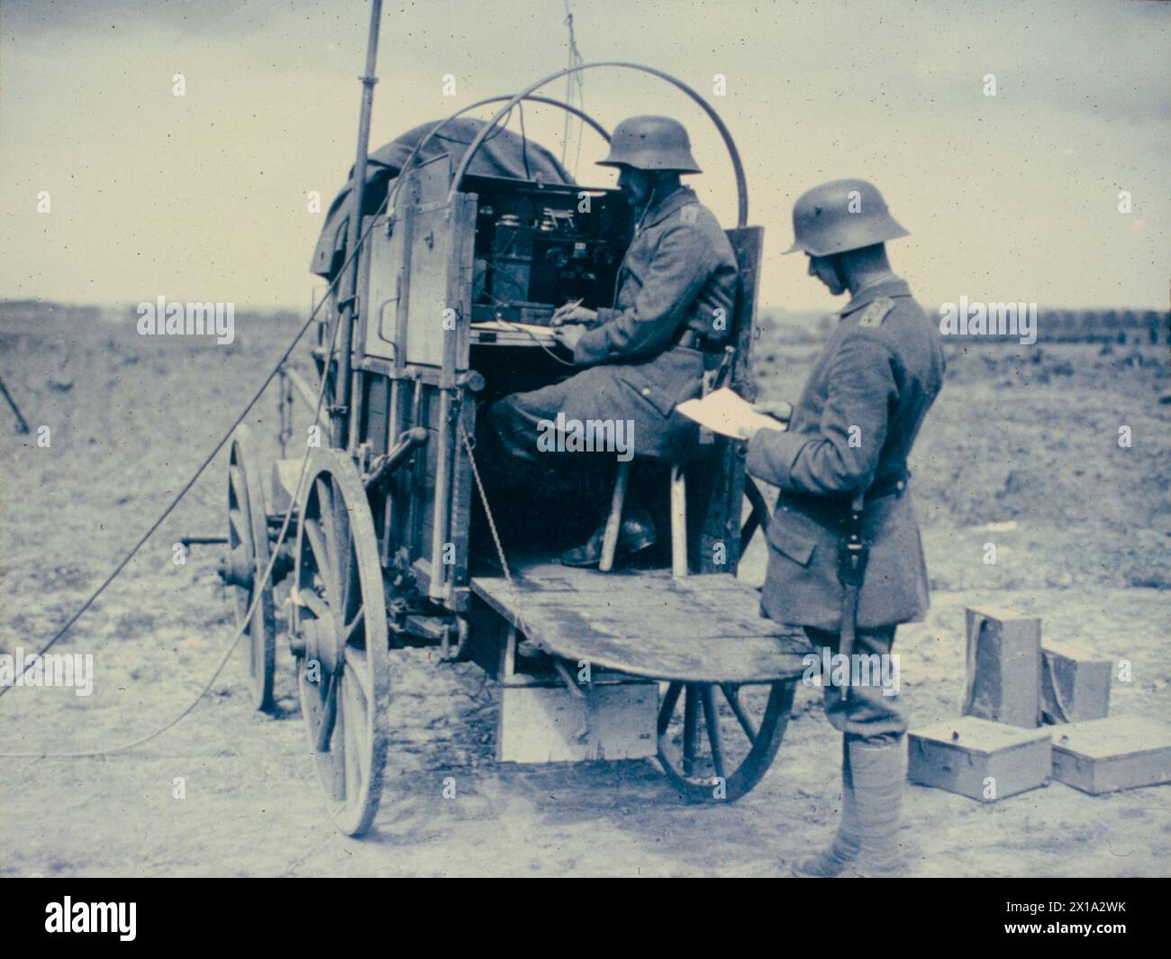 German soldiers set up a light radio station, western front, WW1 1917 ...