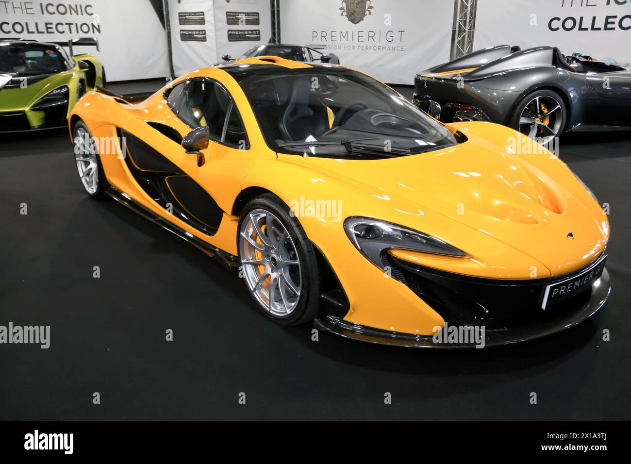 Three-quarters front view of a Yellow, McLaren P1, on display on the ...