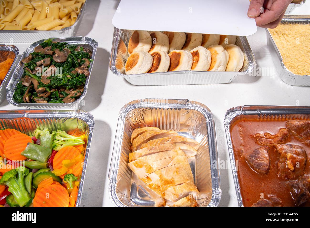 Batch Cooking Meal Prep concept. Several types of side dishes: cereals ...