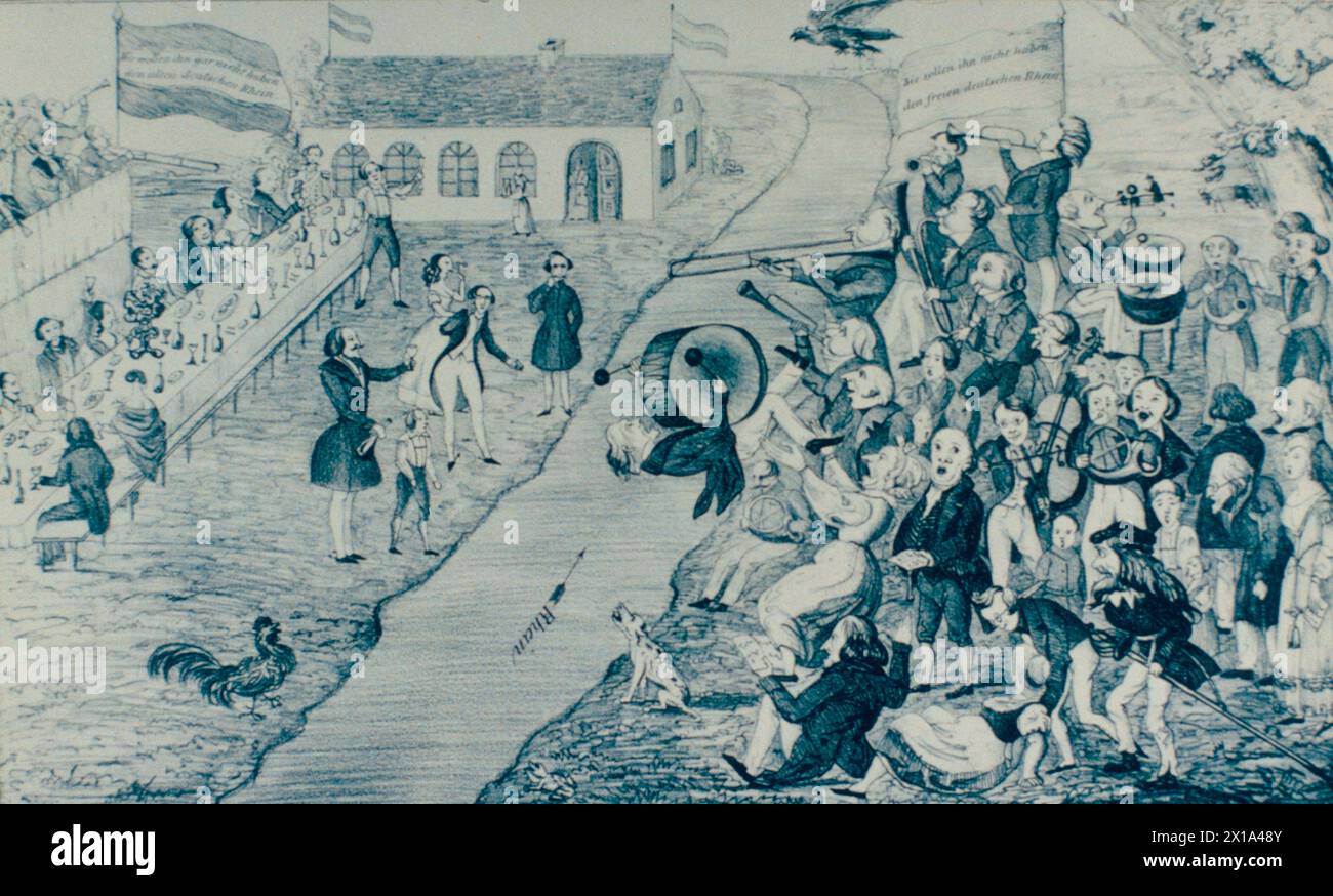 The Rhine crisis of 1840, cartoon about the border between France and ...