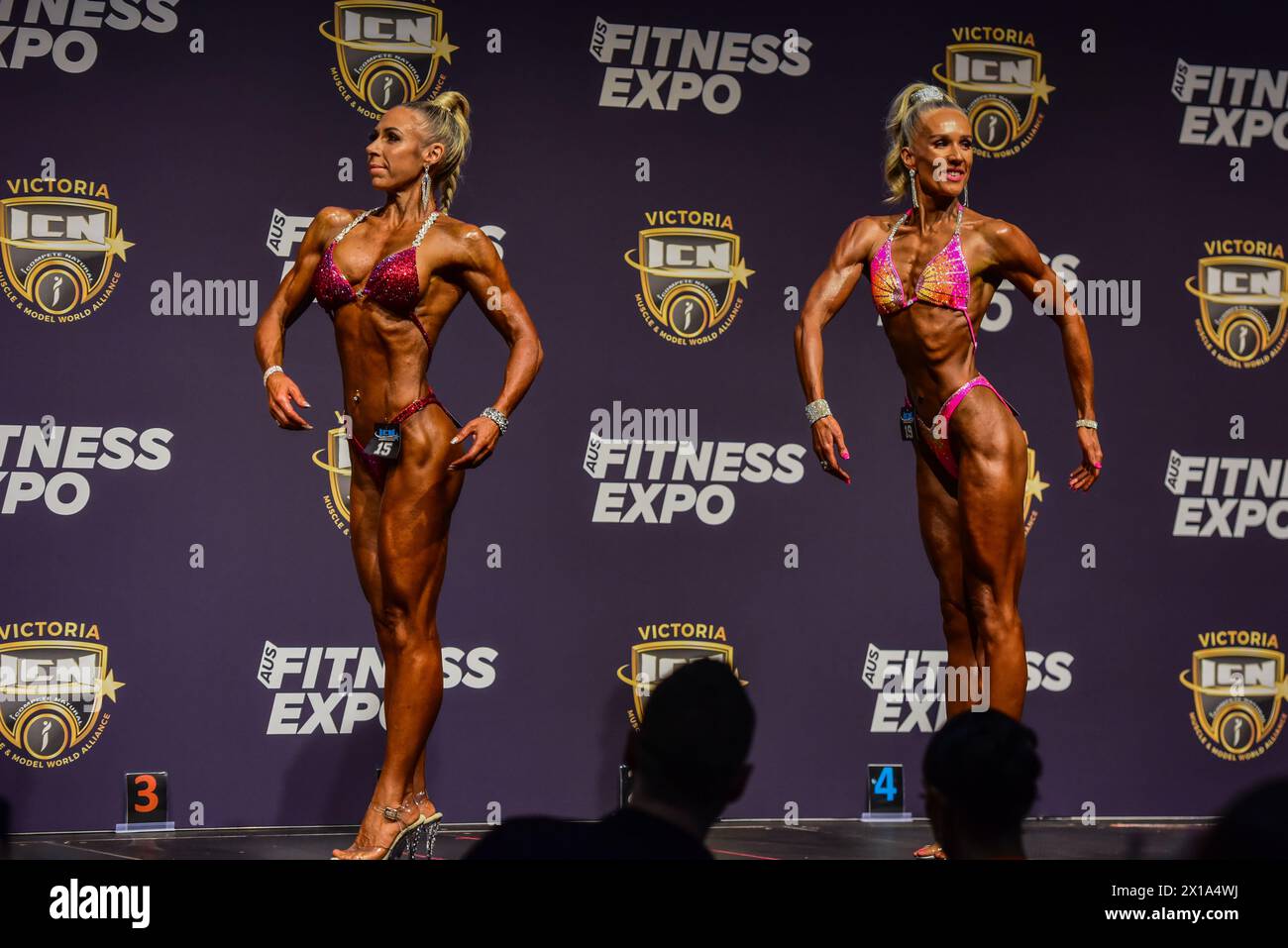 Melbourne, Victoria, Australia. 13th Apr, 2024. Female bodybuilding competitors are seen in ...