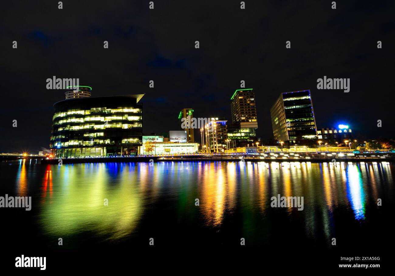 Manchester Media City UK at night lit up with colourful lighting Stock ...