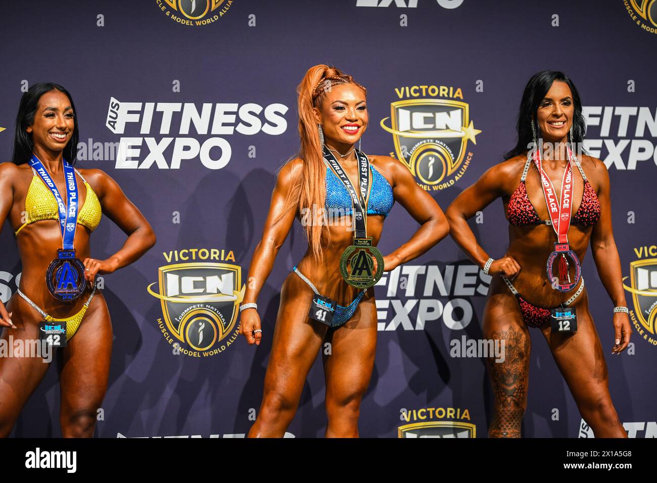 Melbourne, Victoria, Australia. 13th Apr, 2024. Female bodybuilding competitors are seen in ...