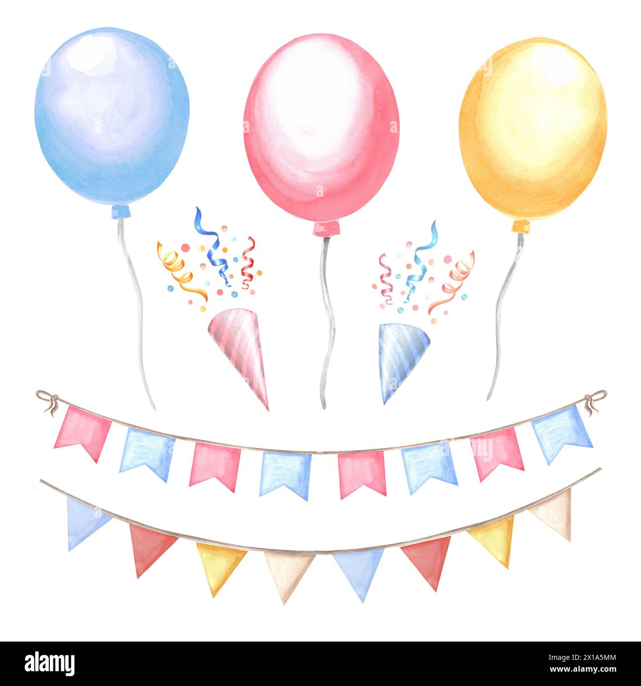 Balloons and party poppers with ribbons Festive hanging garlands with ...