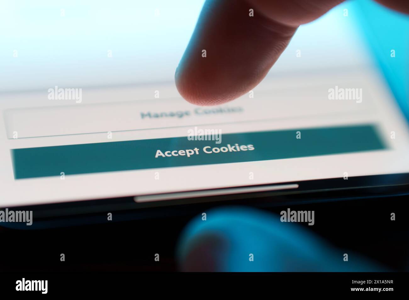 Accept cookies button on internet webpage on smartphone. Internet ...