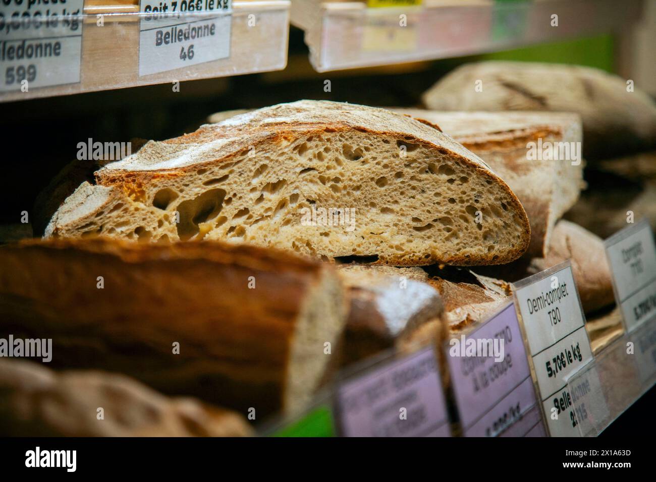Briancon, France. 28th Mar, 2024. The section where Bio bread is sold ...