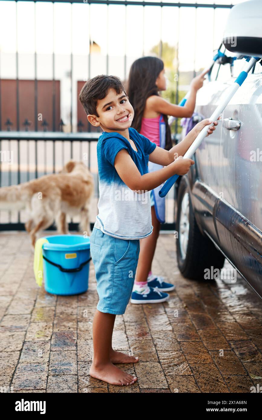 Children, portrait and home and washing car, kids and cleaning motor ...